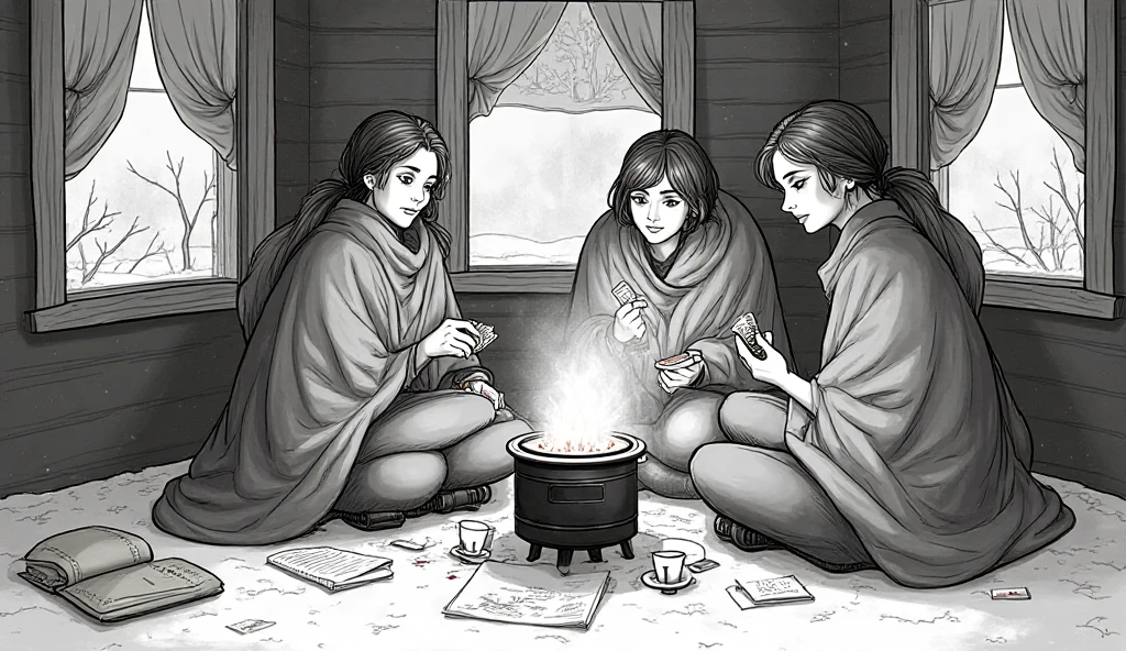 Black-and-white illustration of Elise, Clara, and Lena sitting around a ...