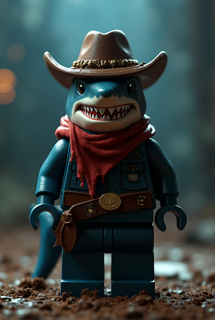 Shark dressed as a cowboy, in the shape of a lego , hyperrealistic ...
