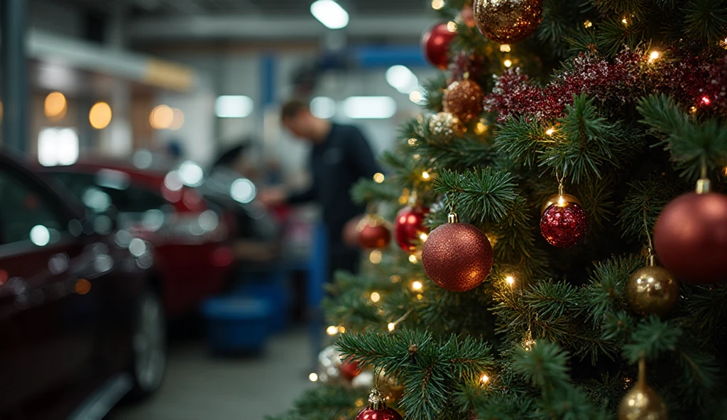 Close up festive Christmas tree in a car repair shop with a car ...