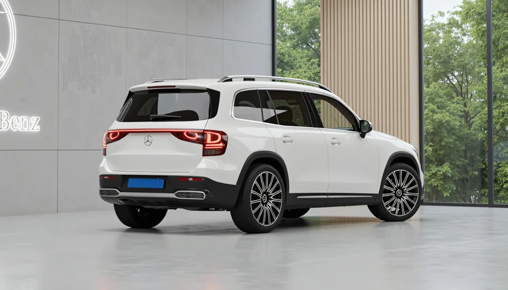 A modern, white new MERCEDES GLB is centered in the image. The vehicle ...