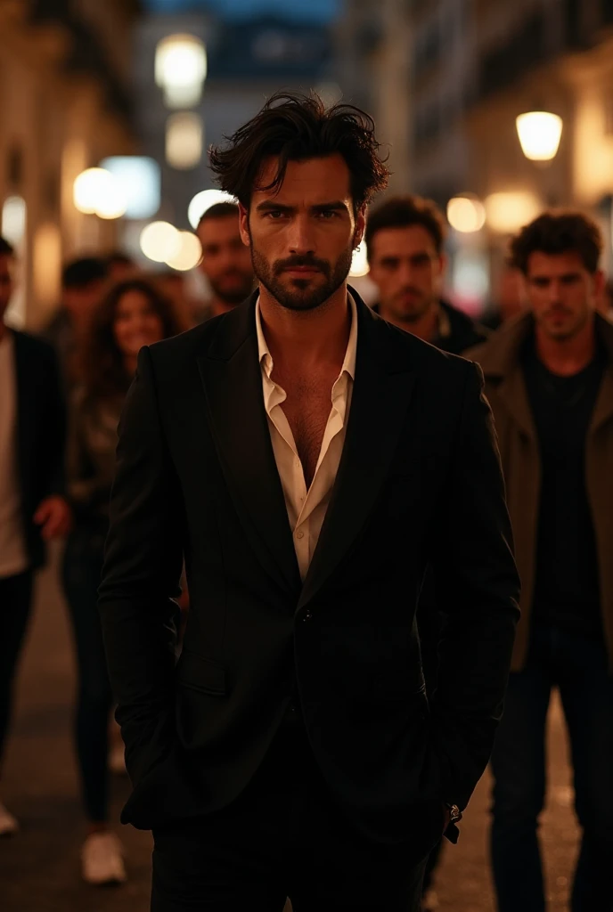 A Mediterranean man with strong, chiseled facial features, dark tousled ...