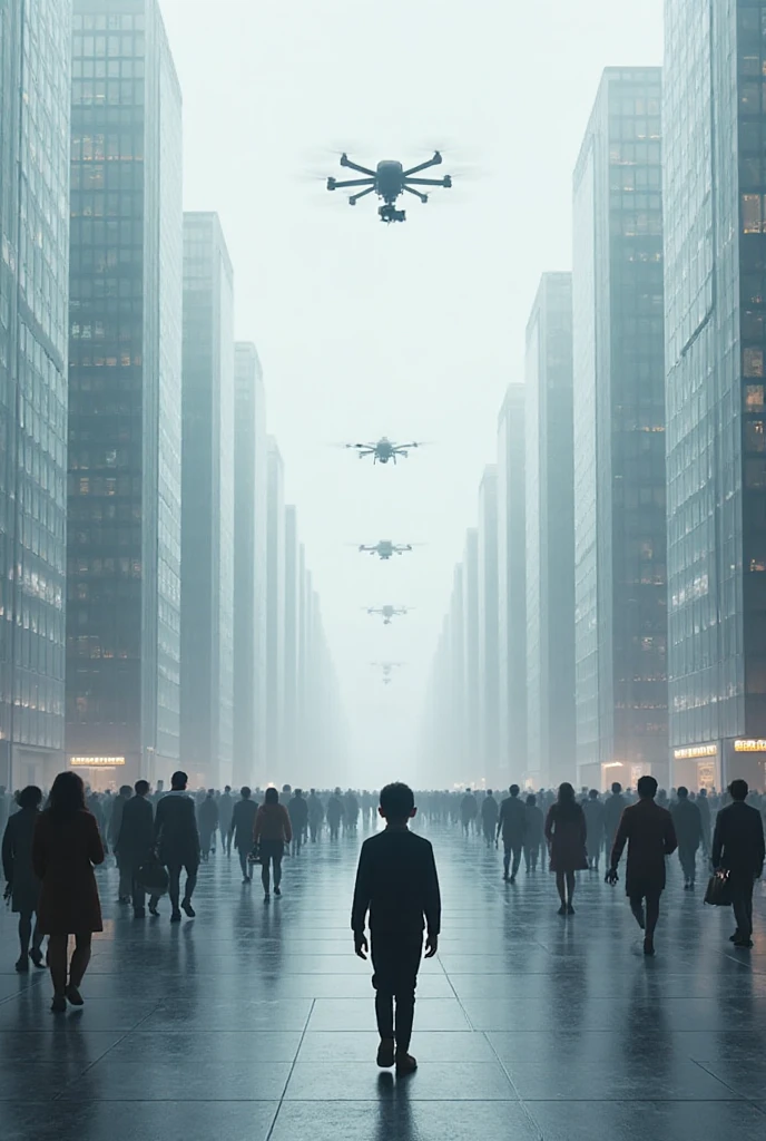 [0:00 – 0:08] — VISUAL Gray sky. Sterile glass towers. Drones glide ...