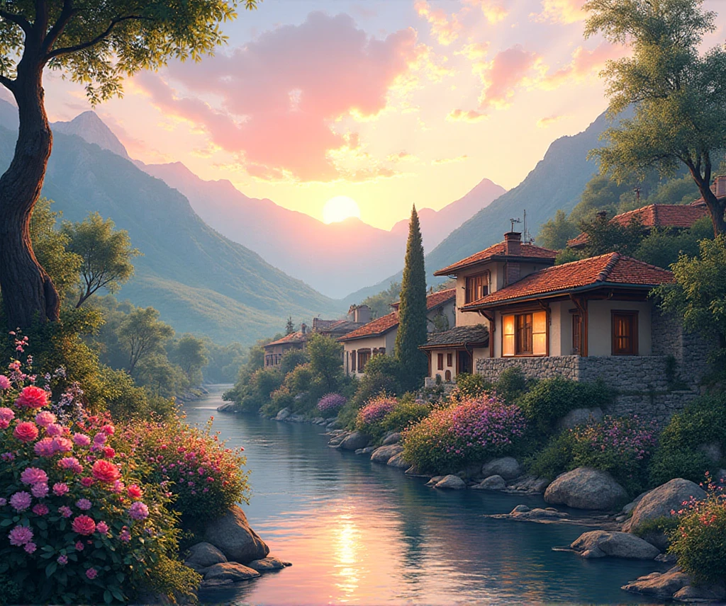 Un pequeño pueblo junto al río, mountains in the background, flores ...