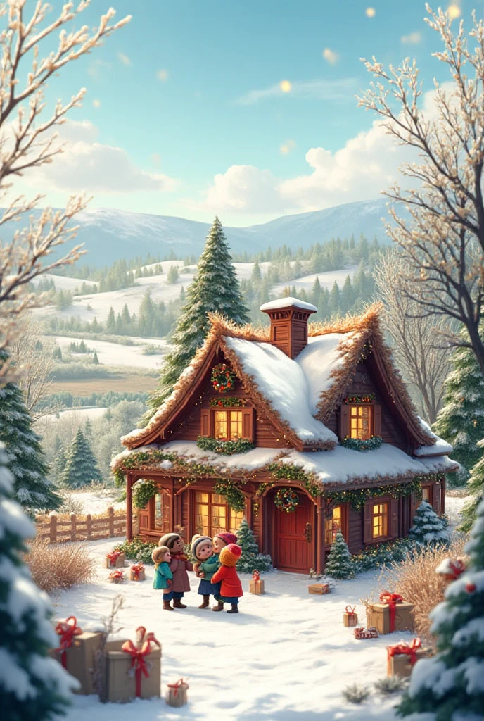 Snowless country landscape with decorated Christmas house and happy ...