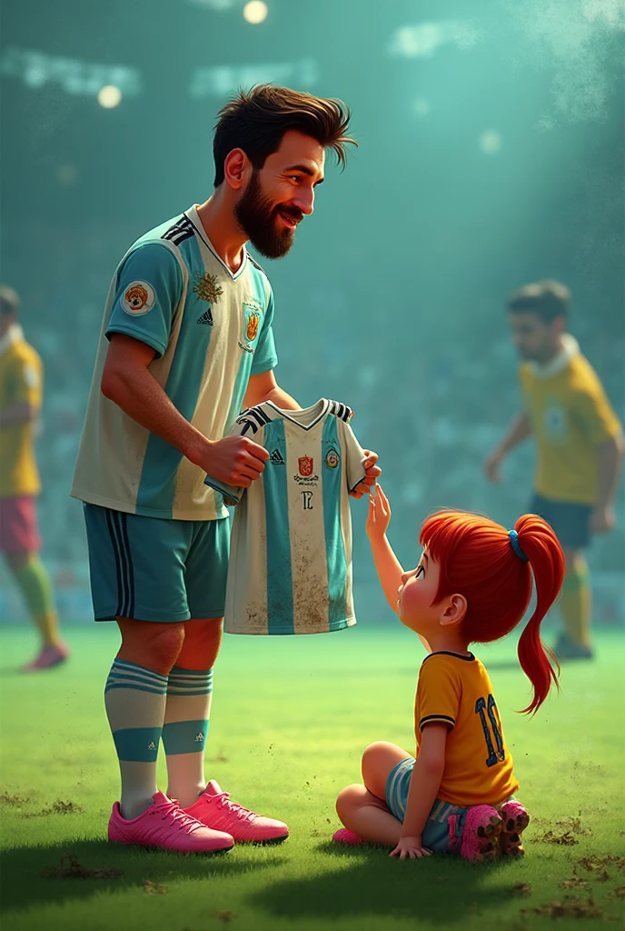 "A medium shot in the animated style of Arcane depicting soccer player ...
