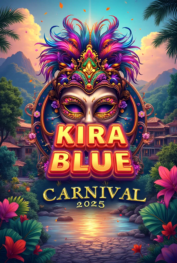 A small village by the river, mountains in the background, floral ...