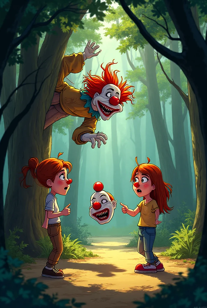 A dynamic cartoon illustration in a slightly spooky forest setting ...