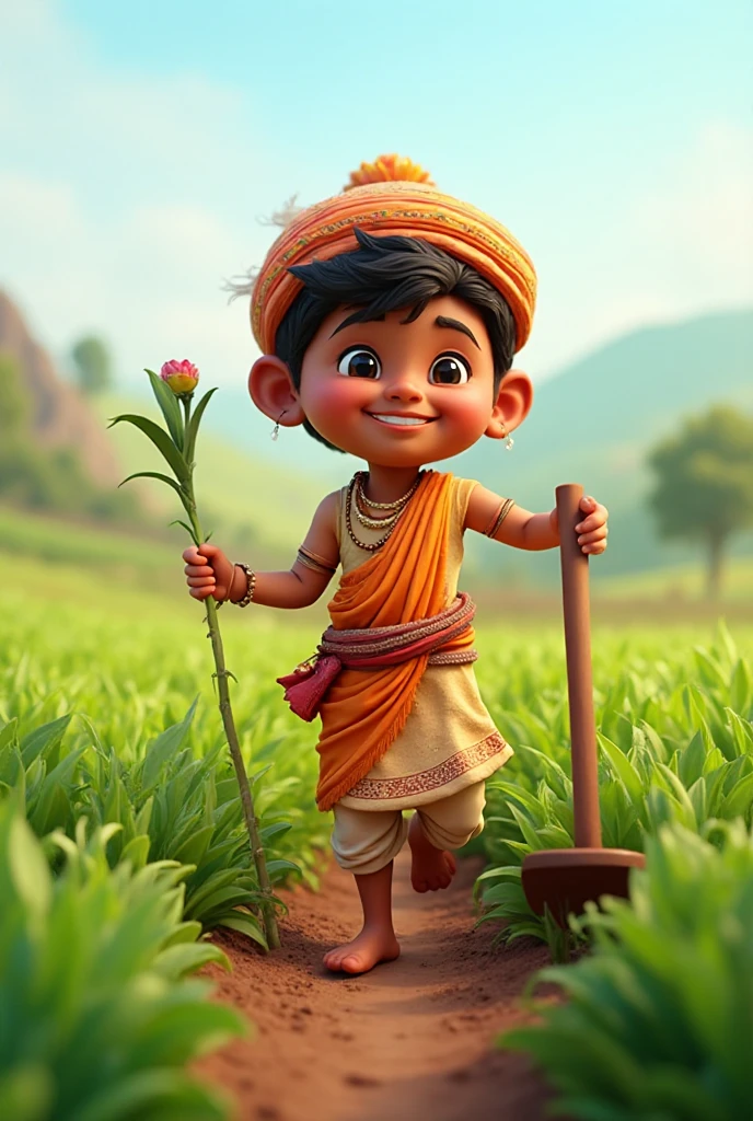 Generate a 3d cartoonish indian style image of farmer in an indian ...