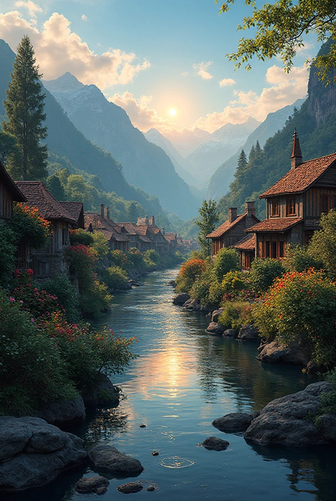 A small village by the river, montanhas ao fundo, flores coloridas ...