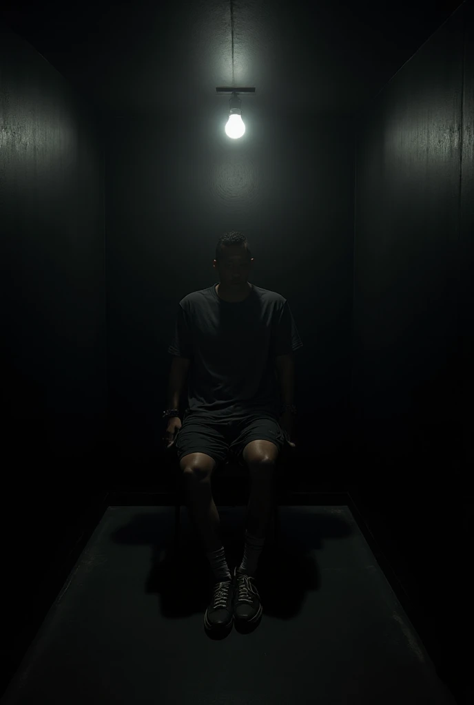 A kidnapped person tied in a black room with a single light bulb ...