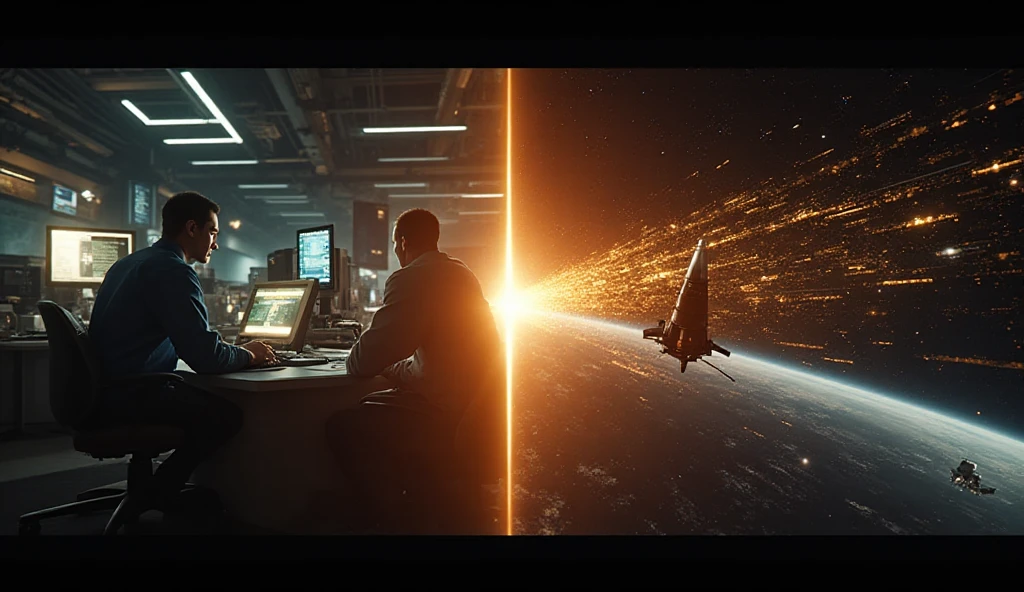 Cinematic split-screen scene: Left side shows engineers on Earth ...