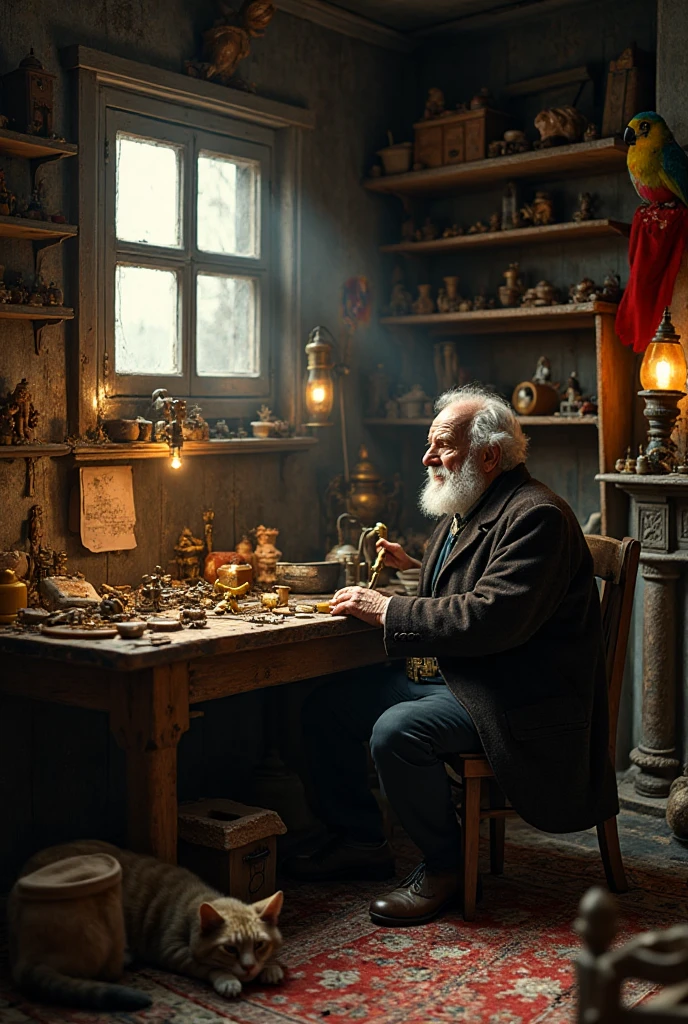 A dark closet with a small window in the corner which is divided into 4 ...