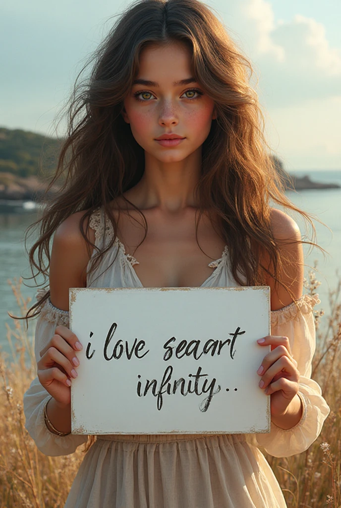 Beautiful girl with wavy long hair, bohemian dress, holding a white ...