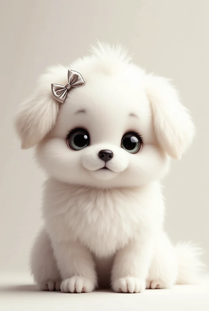 A cute fluffy dog with a small bow on its head. Monochrome neutral ...