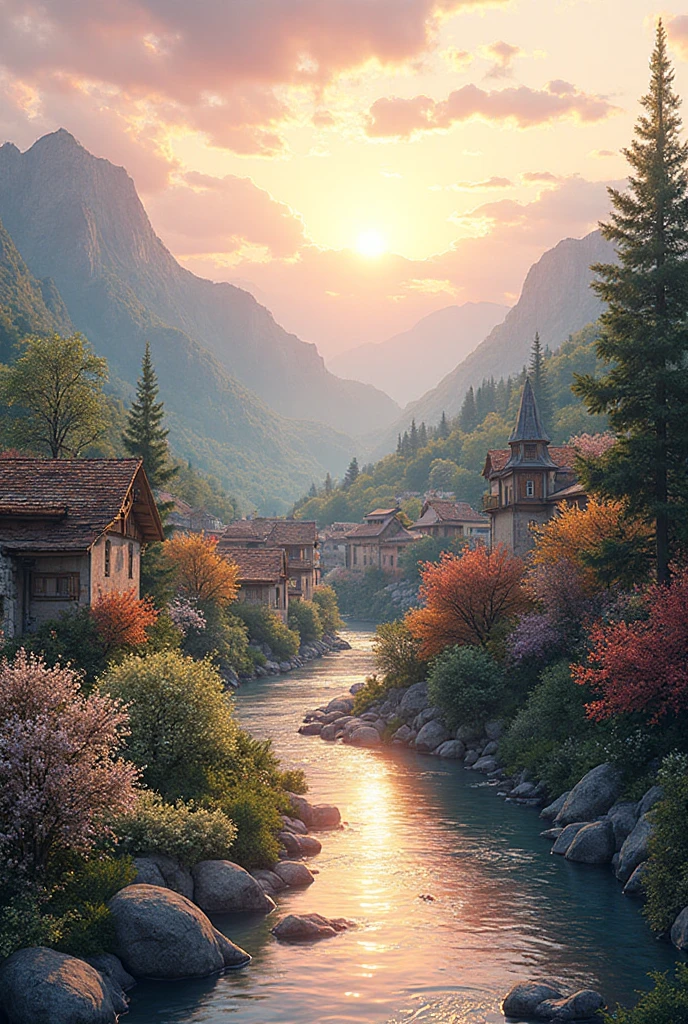 A small village by the river, mountains in the background, floral ...