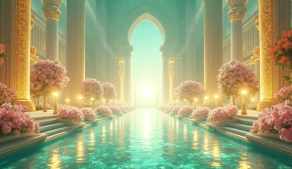 The sacred "A grand celestial palace with both side High tall golden ...