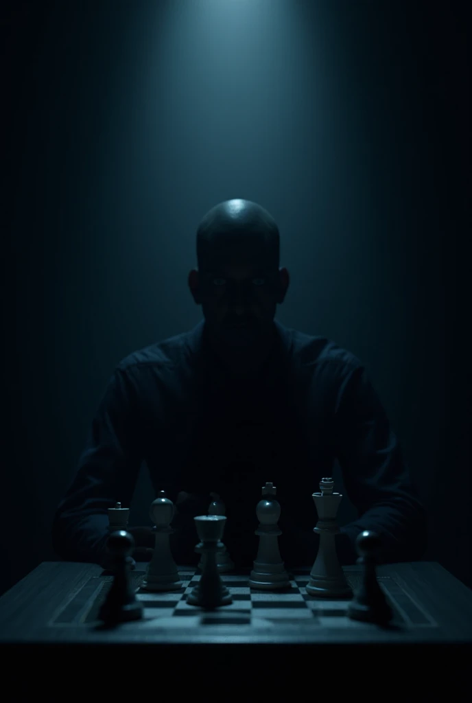 “A lone figure sitting at a chess table in a dark 3D-rendered room ...