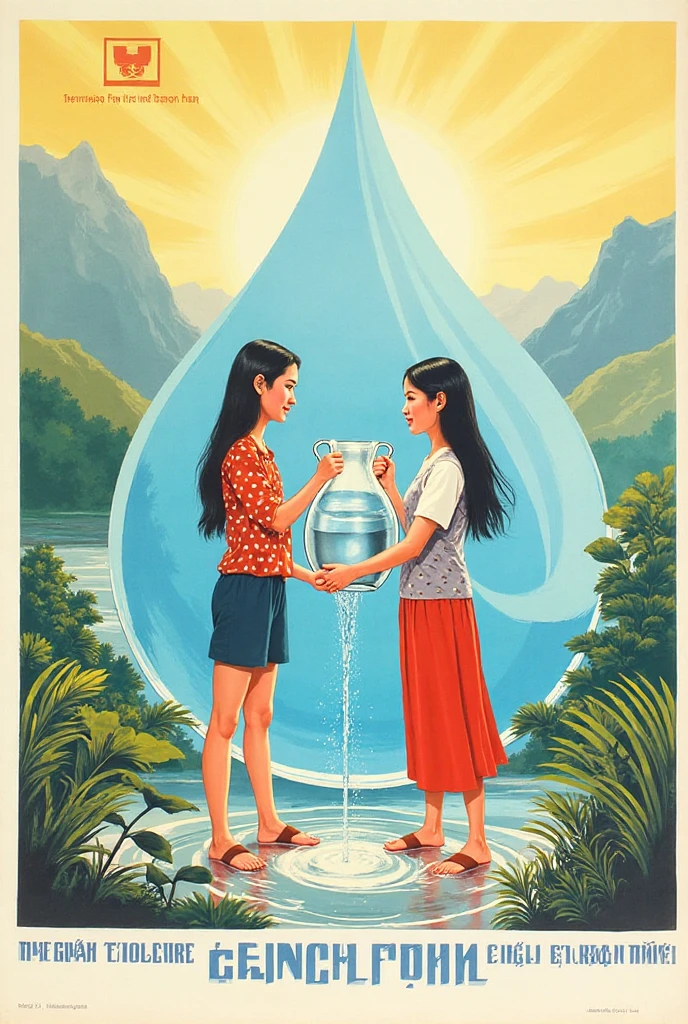 Vietnamese propaganda poster, 1970s style, bold flat colors, clean ...