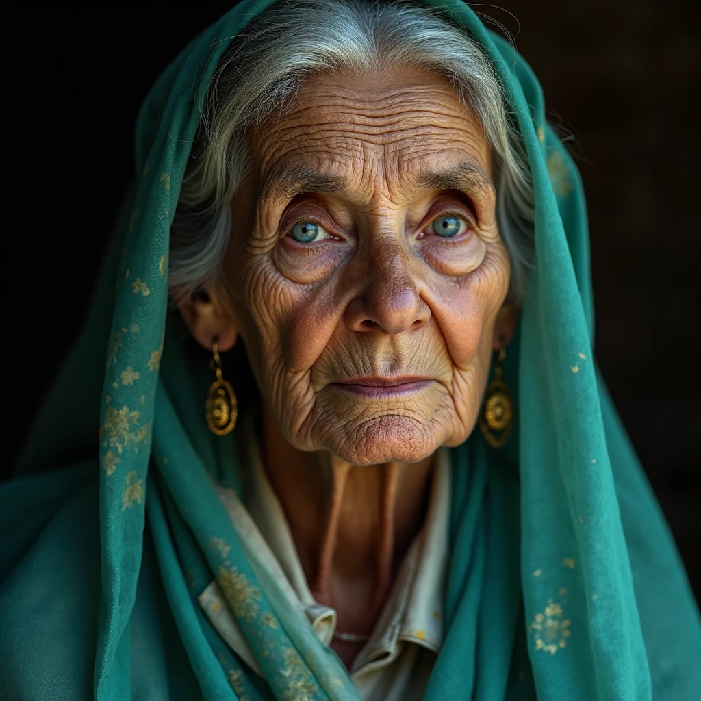 A weathered face framed by delicate turquoise whispers of fabric ...