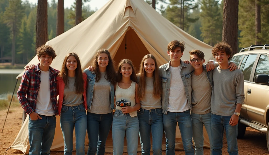 “Create a 1990s-style group photo set at a lakeside campground - SeaArt AI