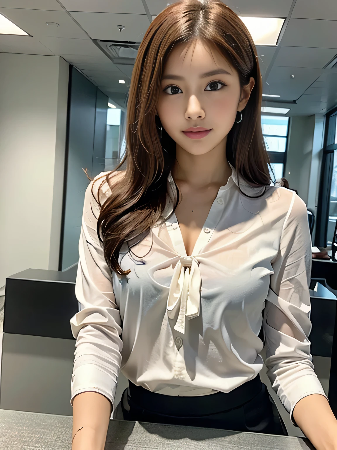 A beautiful Korean woman standing behind a modern reception desk ...