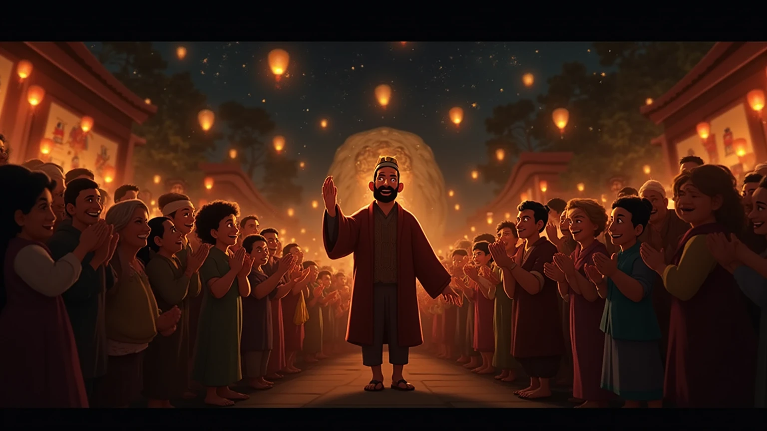 Animated wide shot of villagers applauding loudly, some wiping tears ...