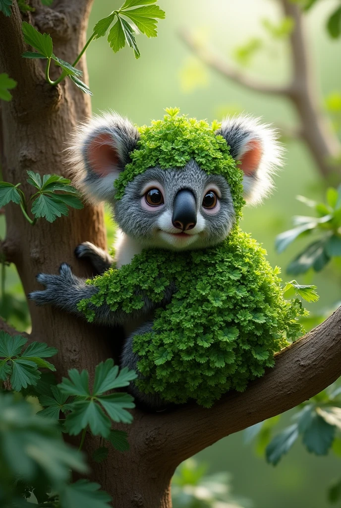 A photorealistic 3D render of a parsley-themed baby koala in a tree ...