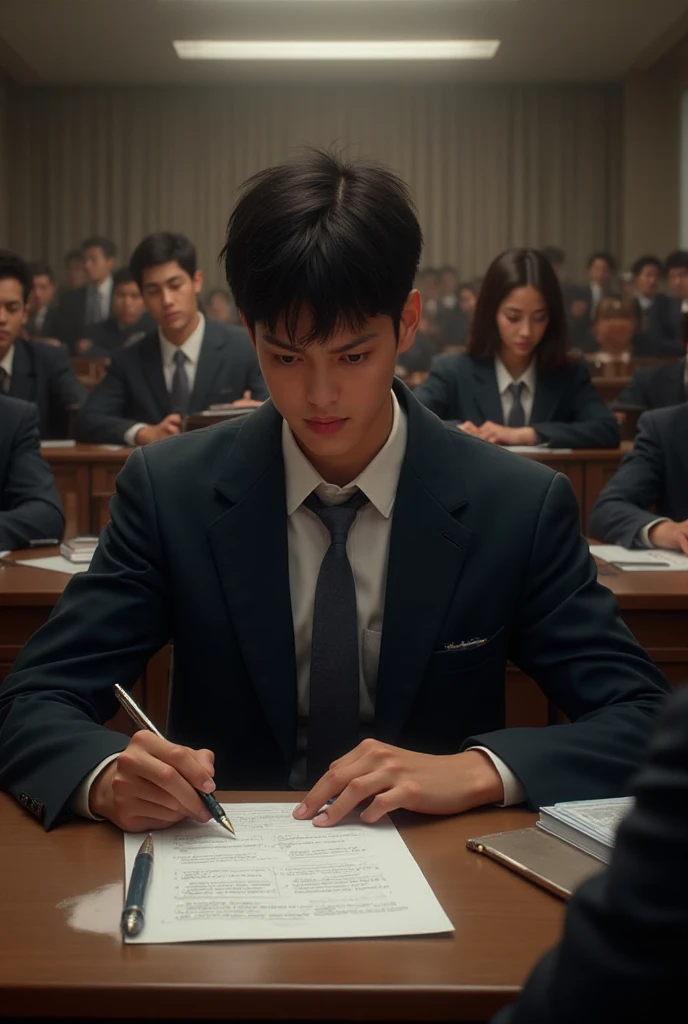 Student dressed in formal attire taking an exam sitting at a desk in a ...