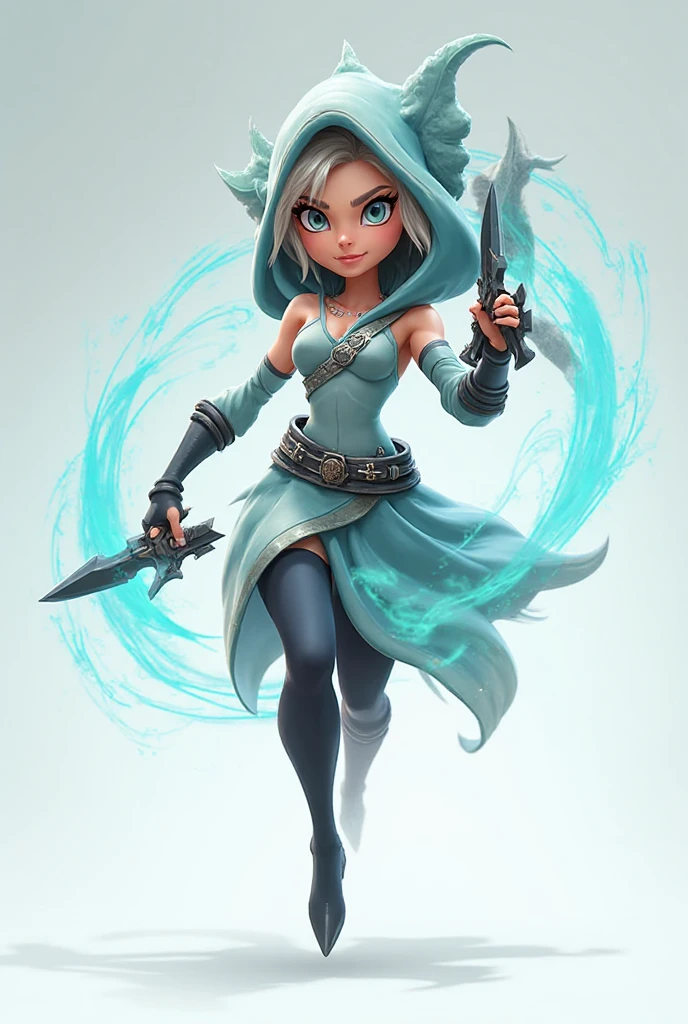 A stylized 3D female wind blade assassin with swirling air rings around her twin - SeaArt AI