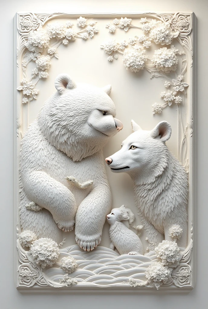 High-relief wall panel featuring two central animal figures: a ...