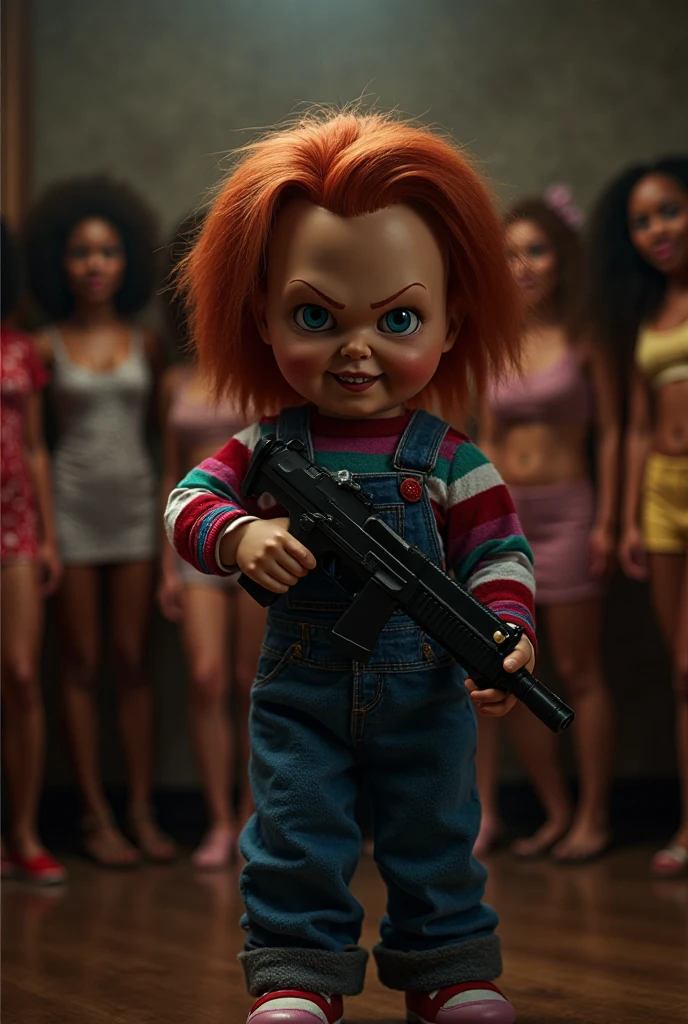 Chucky the doll smurking and standing in a room with a bunch of ...