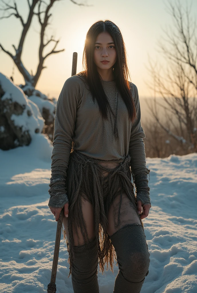 An emaciated Asian woman, mid-30s, stands amidst a desolate, snow ...