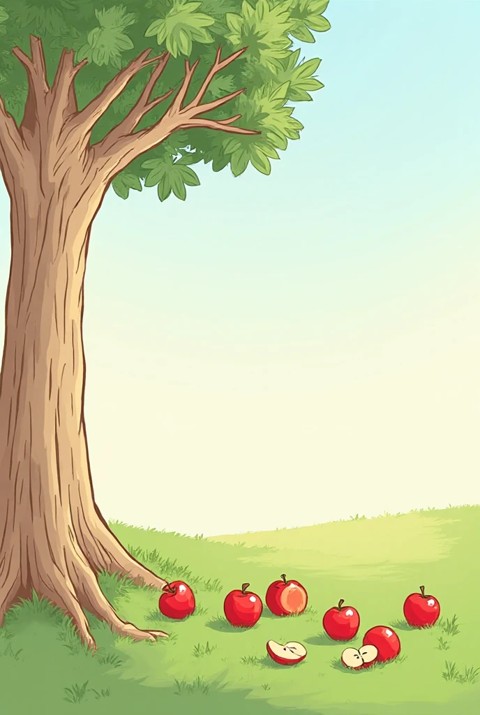 "It shows only the left half of a fruit tree, with a light wooden trunk ...