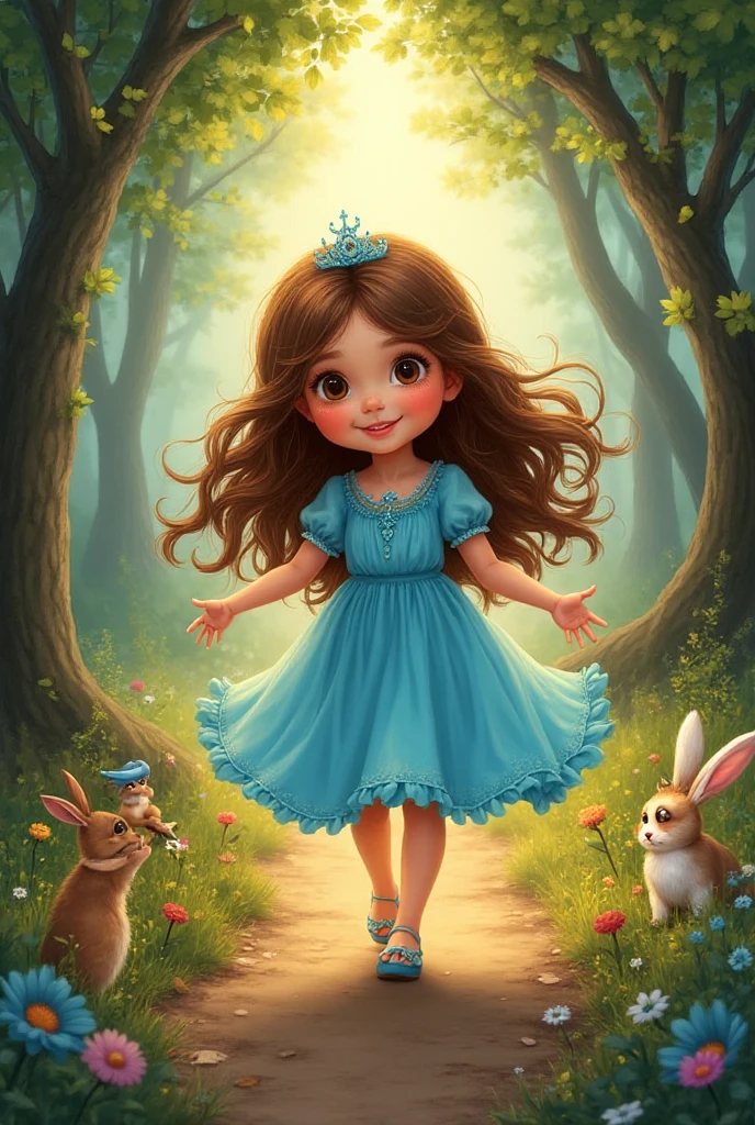 A fairy-tale little girl with long wavy brown hair and sparkling brown ...
