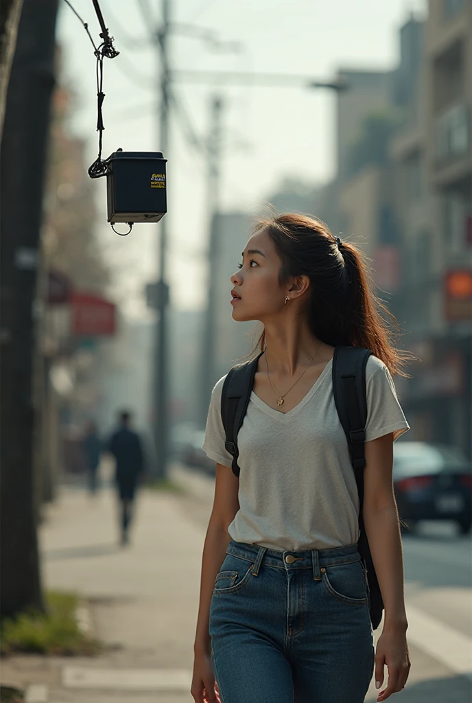 A realistic young woman walking along a street, surprised and curious ...