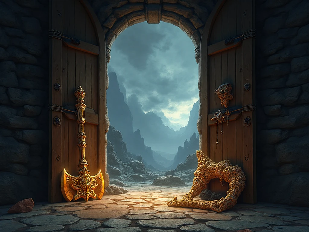 A quiet, epic scene at the entrance of a stone guild hall. A legendary ...