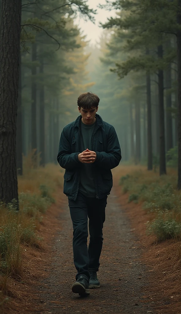 A young man walking slowly into a quiet forest, taking shy and hesitant ...