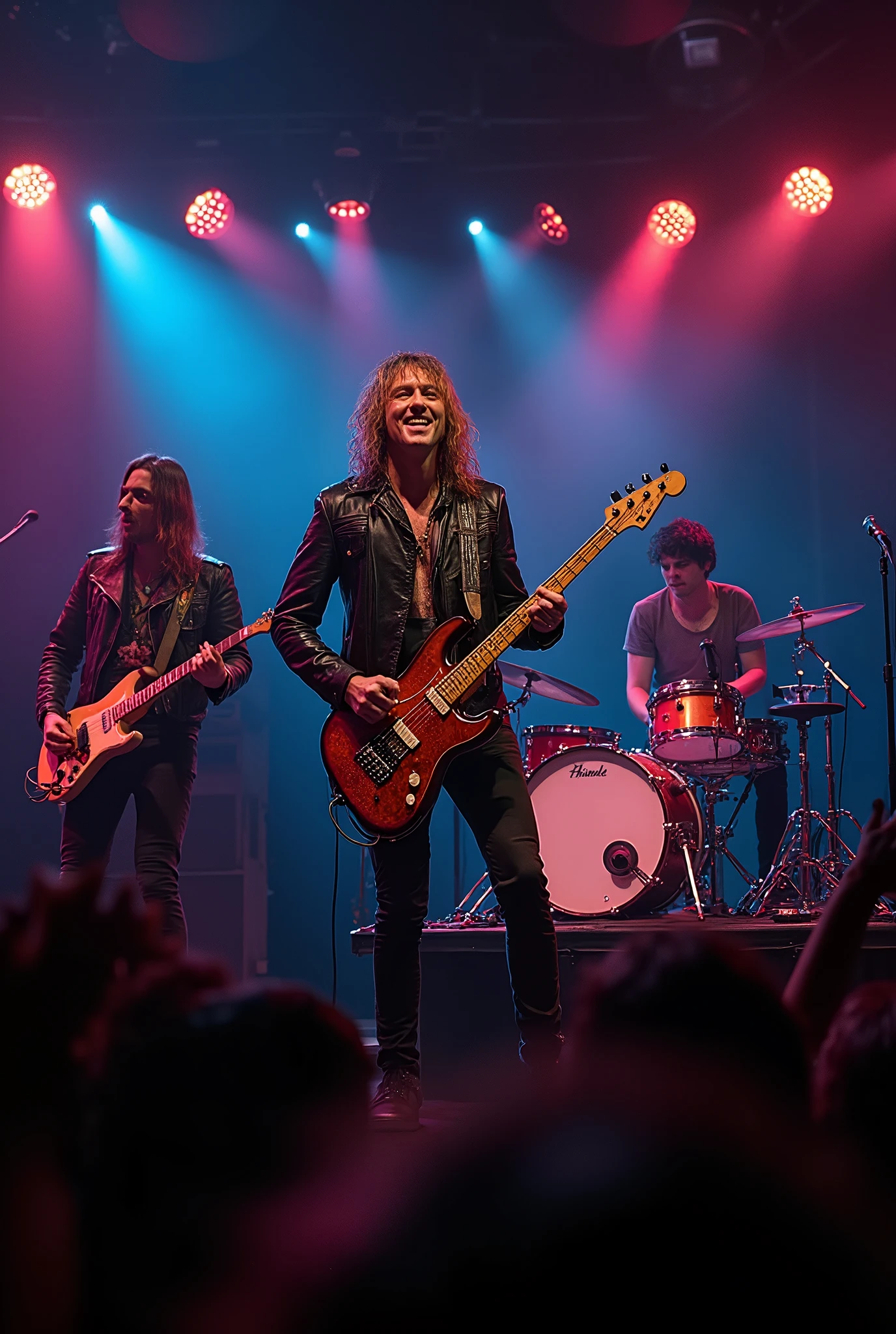 80s rock band formed by: ((cantor, guitarist and drummer)) - SeaArt AI