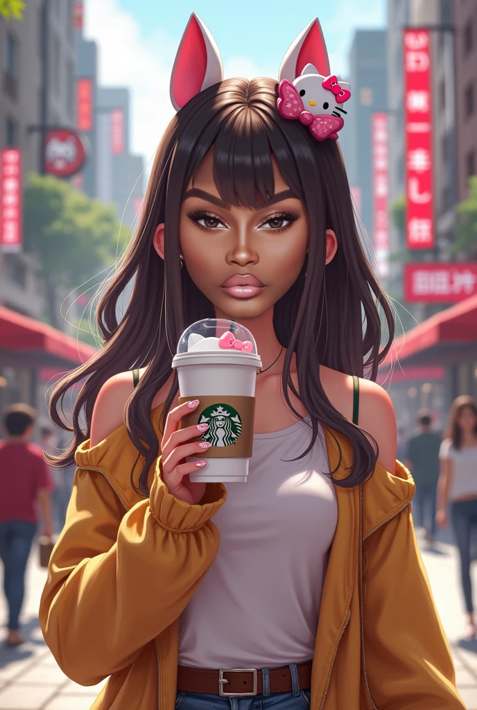 Do this same girl but on the street with a Starbucks coffee in her hand ...