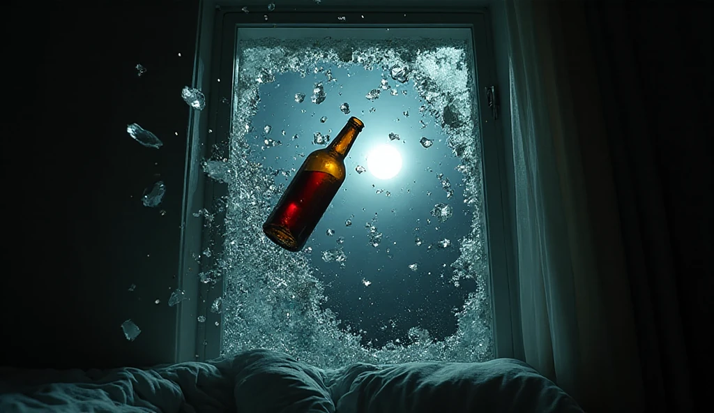 A wine bottle mid-air smashing through a bedroom window, glass ...
