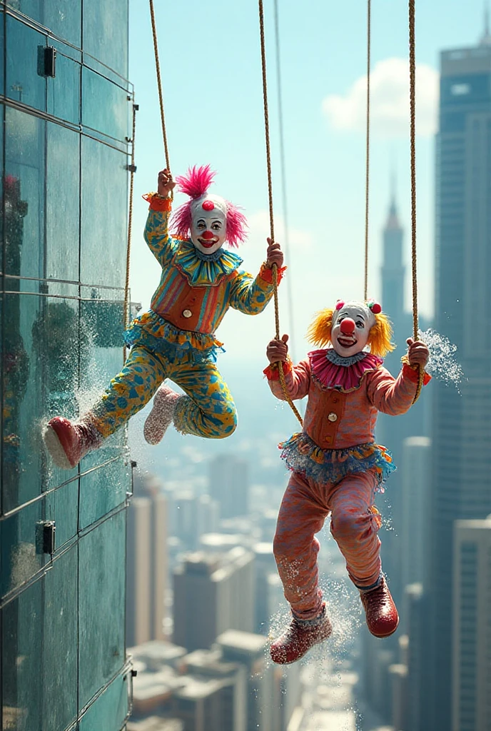 Two clowns wash windows on ropes in Tel Aviv - SeaArt AI