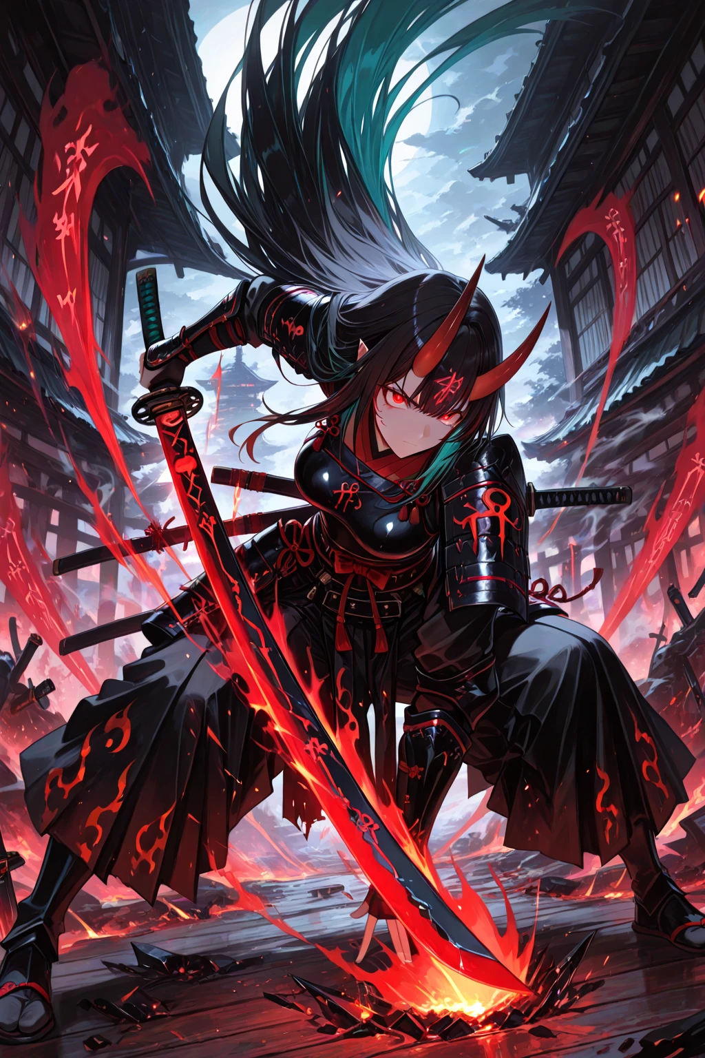 1girl, solo focus, sharp glowing red eyes with intense battle focus ...