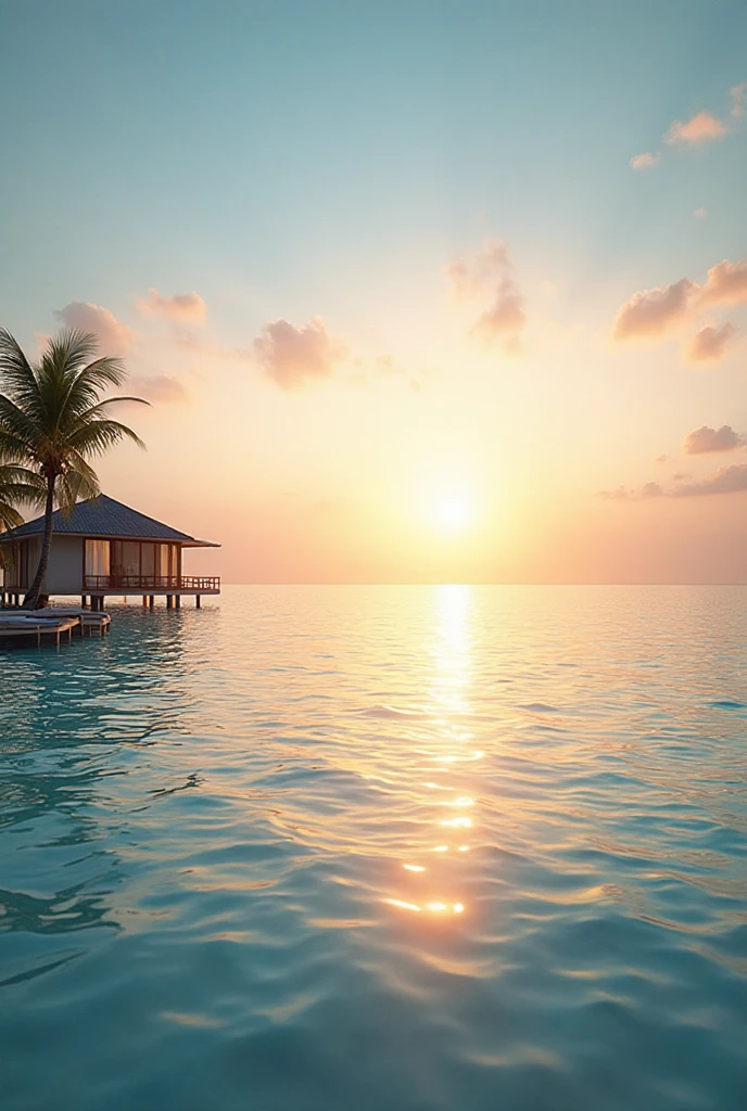 Paradise beach at dawn , gentle sunrise illuminating the horizon with ...