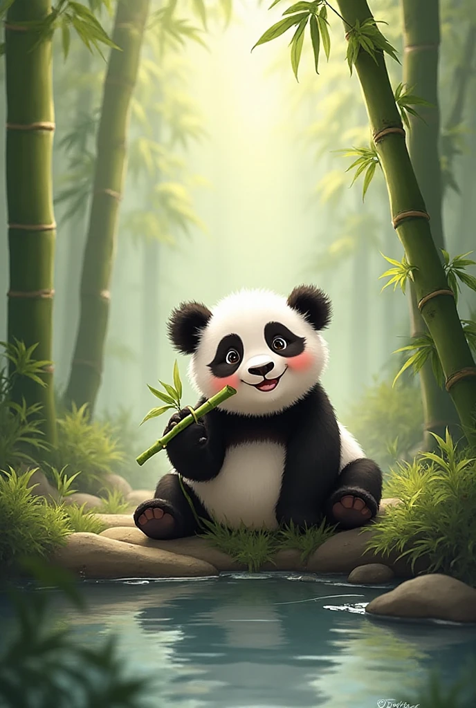 Scene 4 – Happy Ending Baby Panda smiles, sharing bamboo near the river ...
