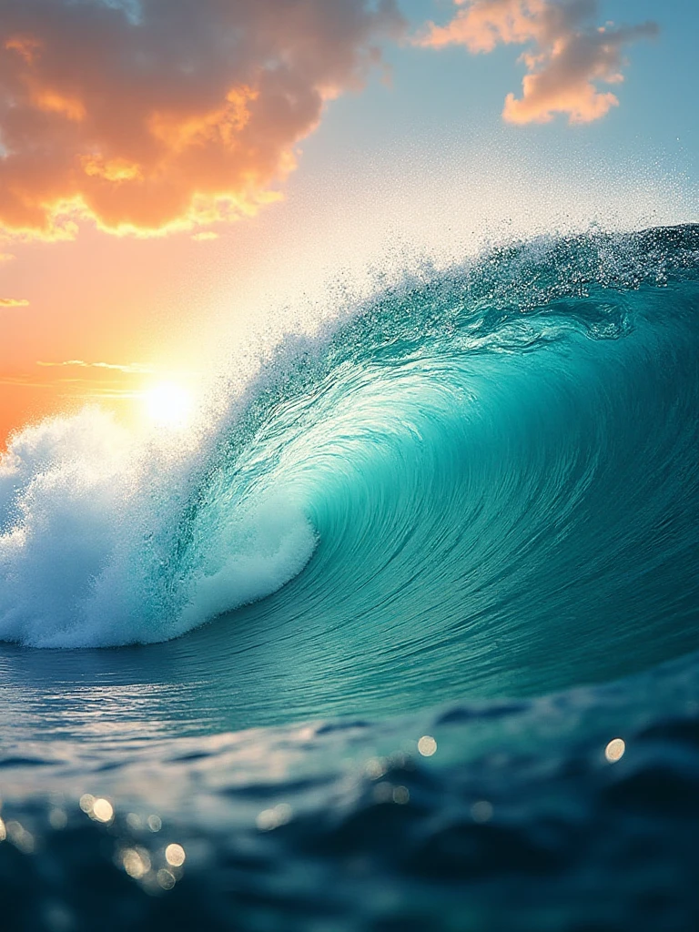 Majestic ocean wave breaking over a coral reef, view at water level ...