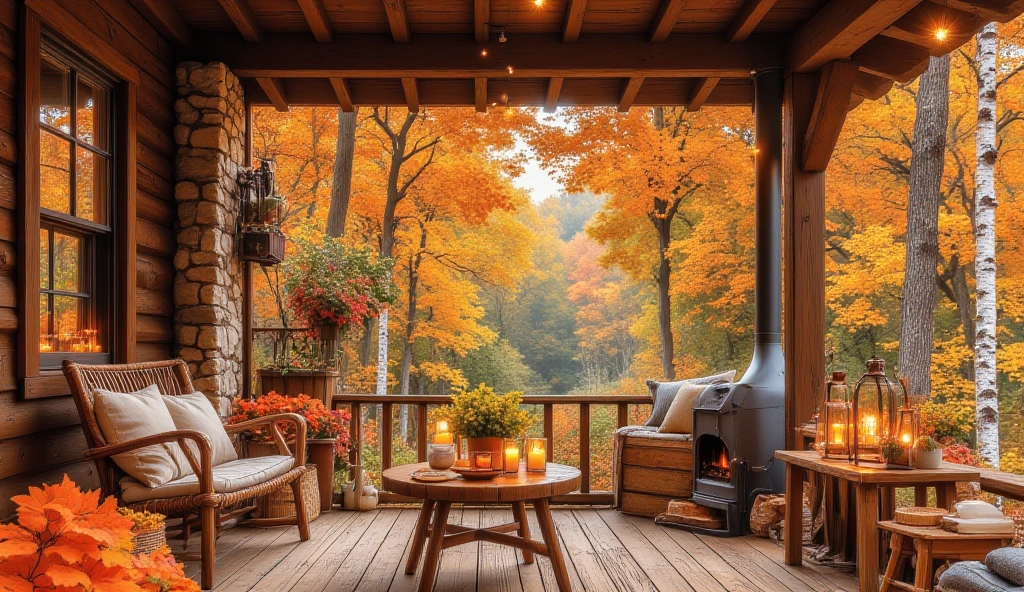 Ultra-detailed 3D perspective of a cozy wooden porch surrounded by an ...