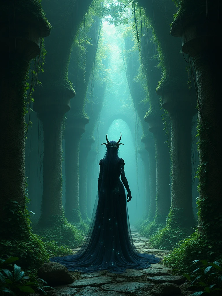 A majestic elven matriarch, adorned with bioluminescent floral patterns ...
