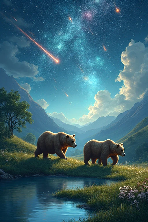 Make an image of a beautiful landscape with 3 bears walking with a ...