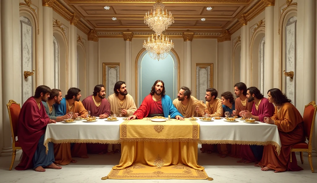 Holy Supper with Jesus Christ in red and blue clothes , and walls with ...