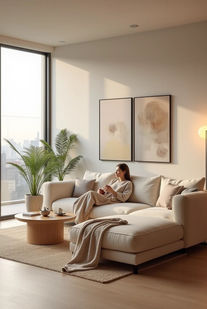 A hyper-realistic, serene interior lifestyle photograph of a modern ...